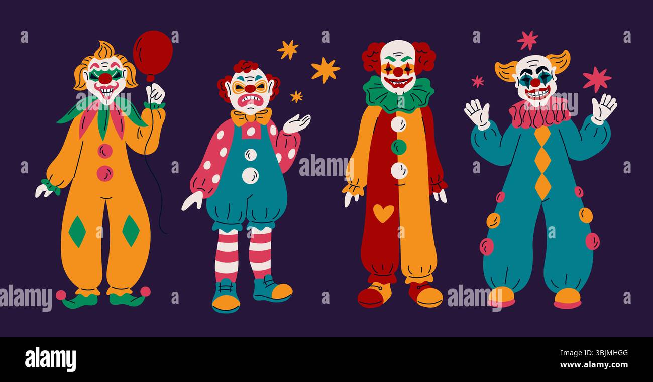 Cartoon evil clowns. Spooky horror characters standing, circus creepy ...