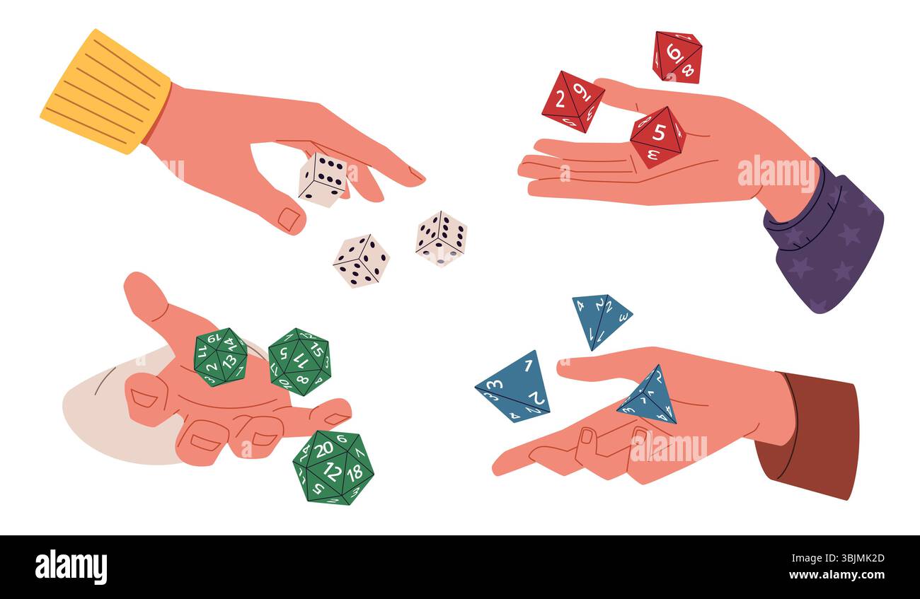 Adventure board game. Human hands hold rpg dices, playing process ...