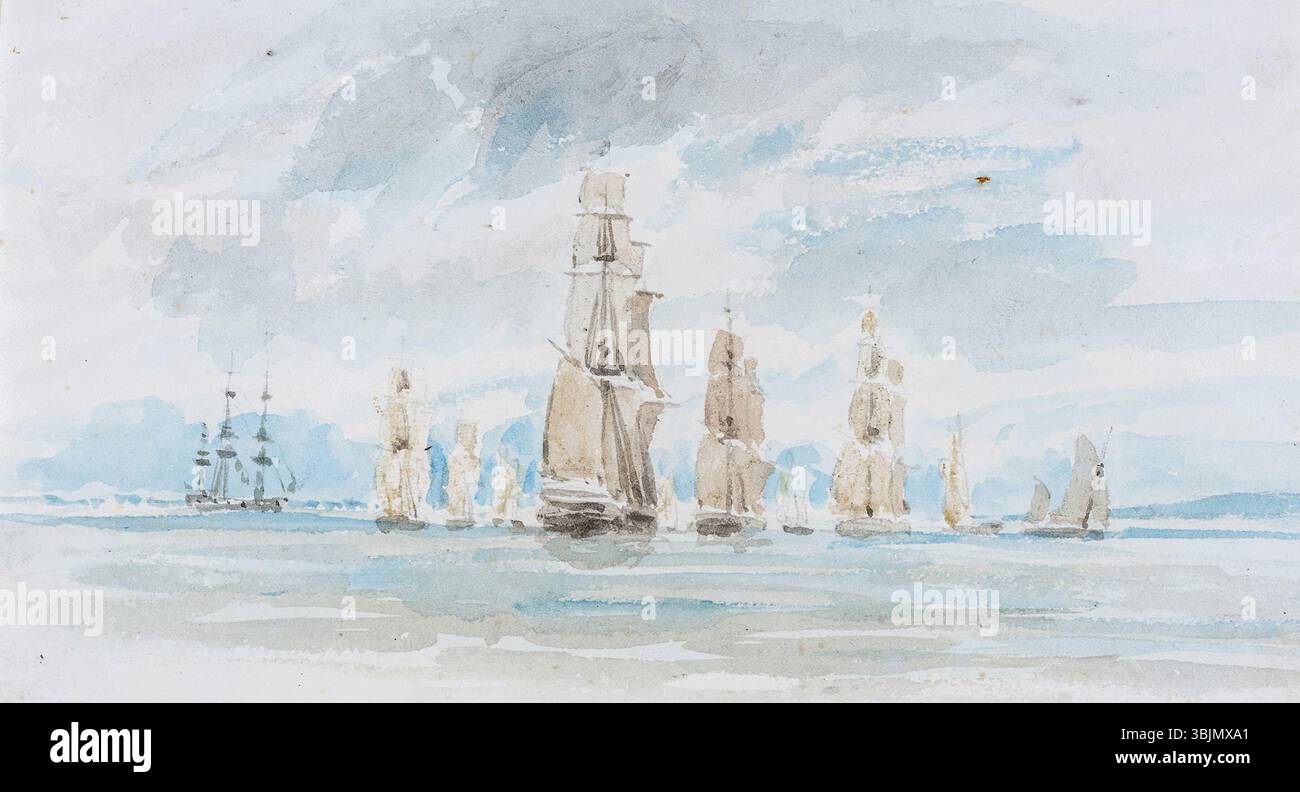Ebenezer Landells' 'Shipping off-shore' (circa 1840) is a watercolour ...