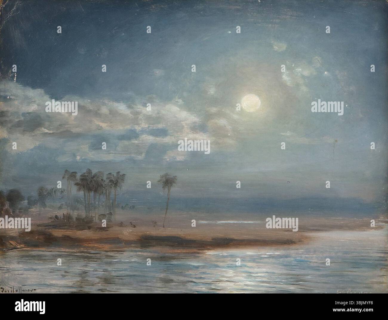 Josef Hoffmann’s *Mondnacht am Nil* (1891) is an oil painting depicting a moonlit night over the ...