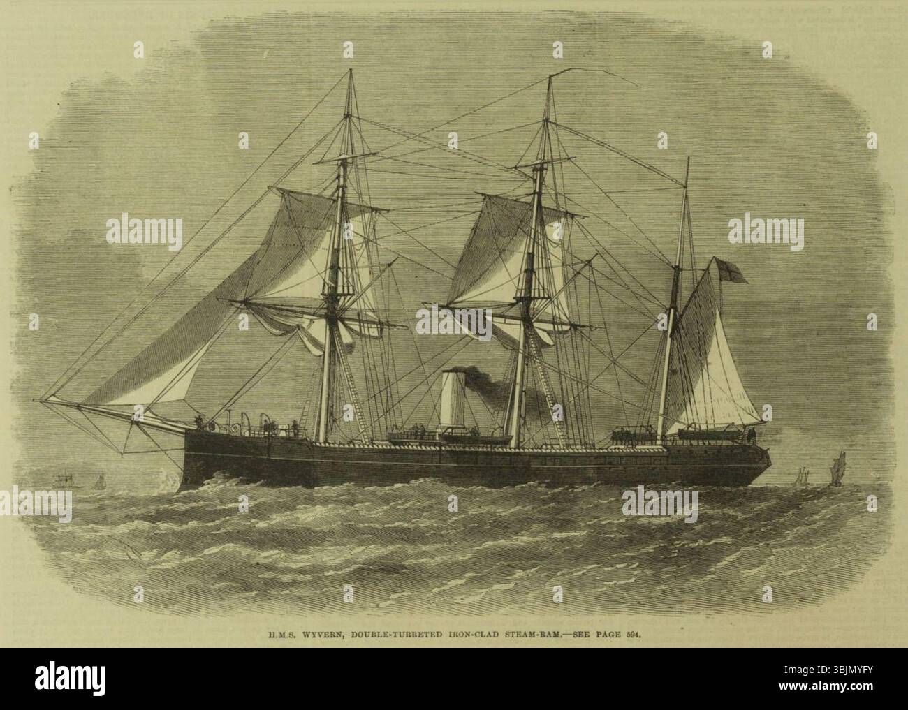 An illustration of the HMS Wyvern, a double-turreted iron-clad steam ...