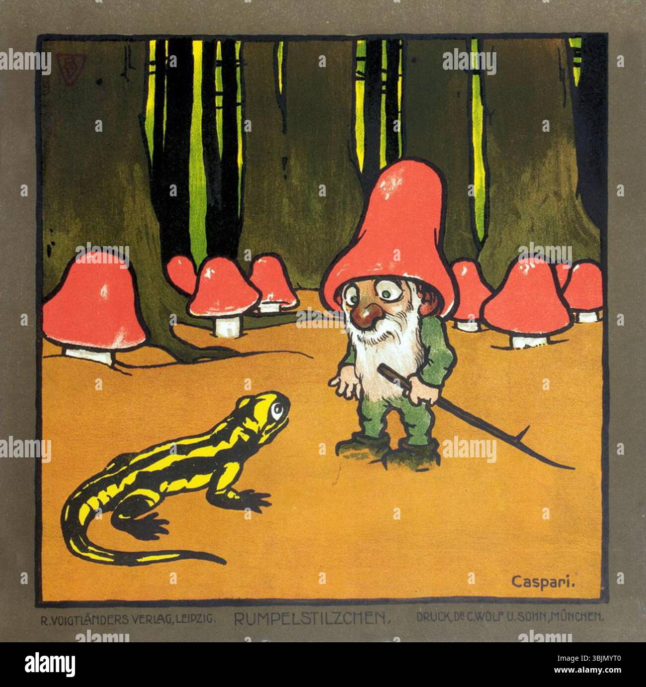In this 1905 color lithograph by Walther Caspari, the character ...