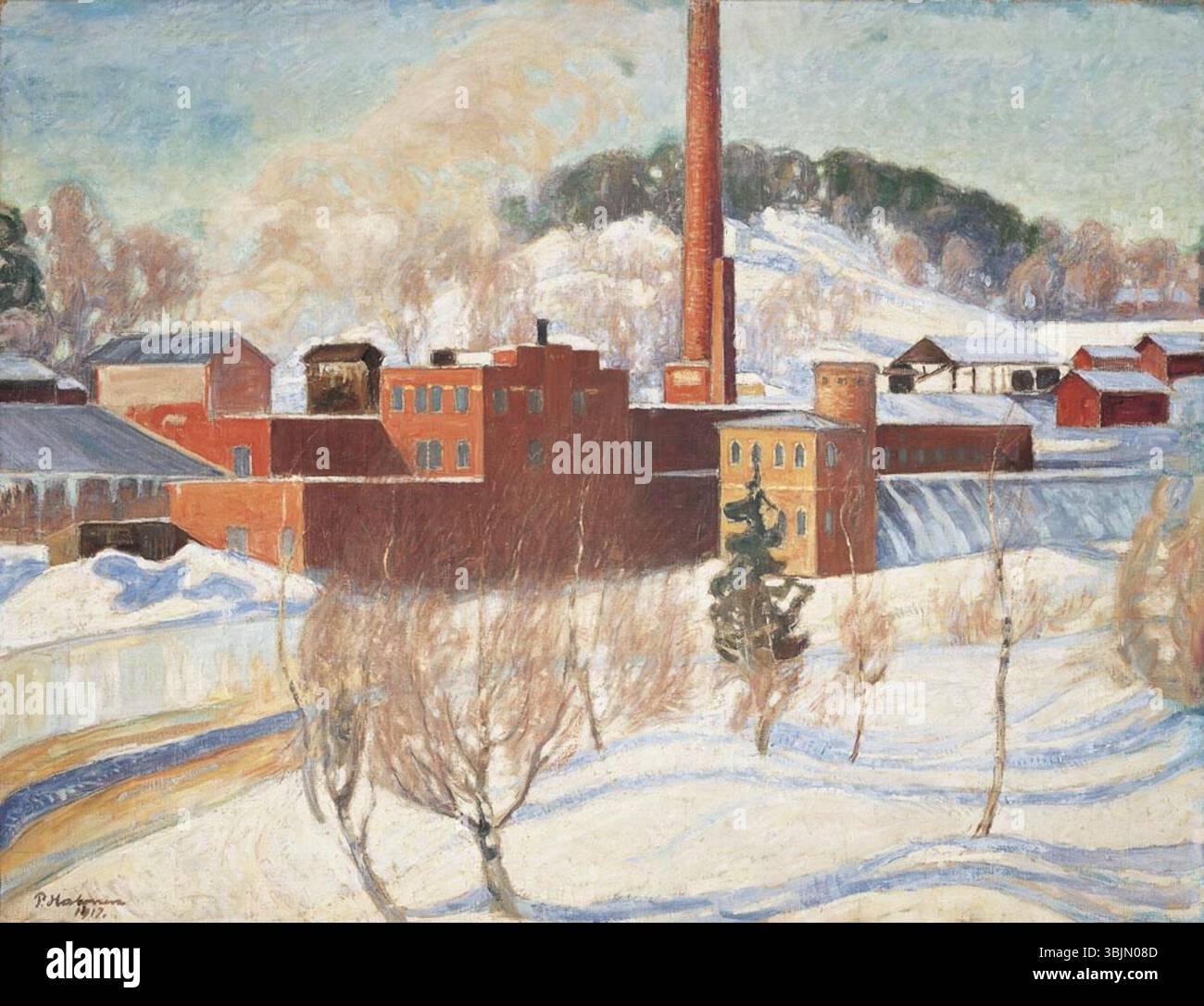 'Harlu Works', painted by Pekka Halonen in 1917, depicts the industrial landscape of Finland ...