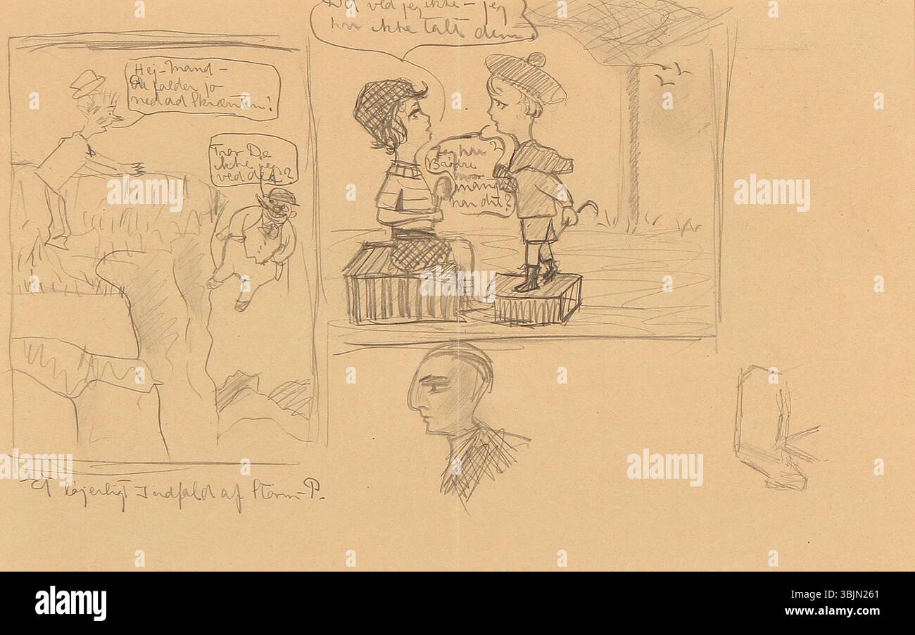 Pencil sketch by Robert Storm Petersen (1882–1949), showing a humorous ...