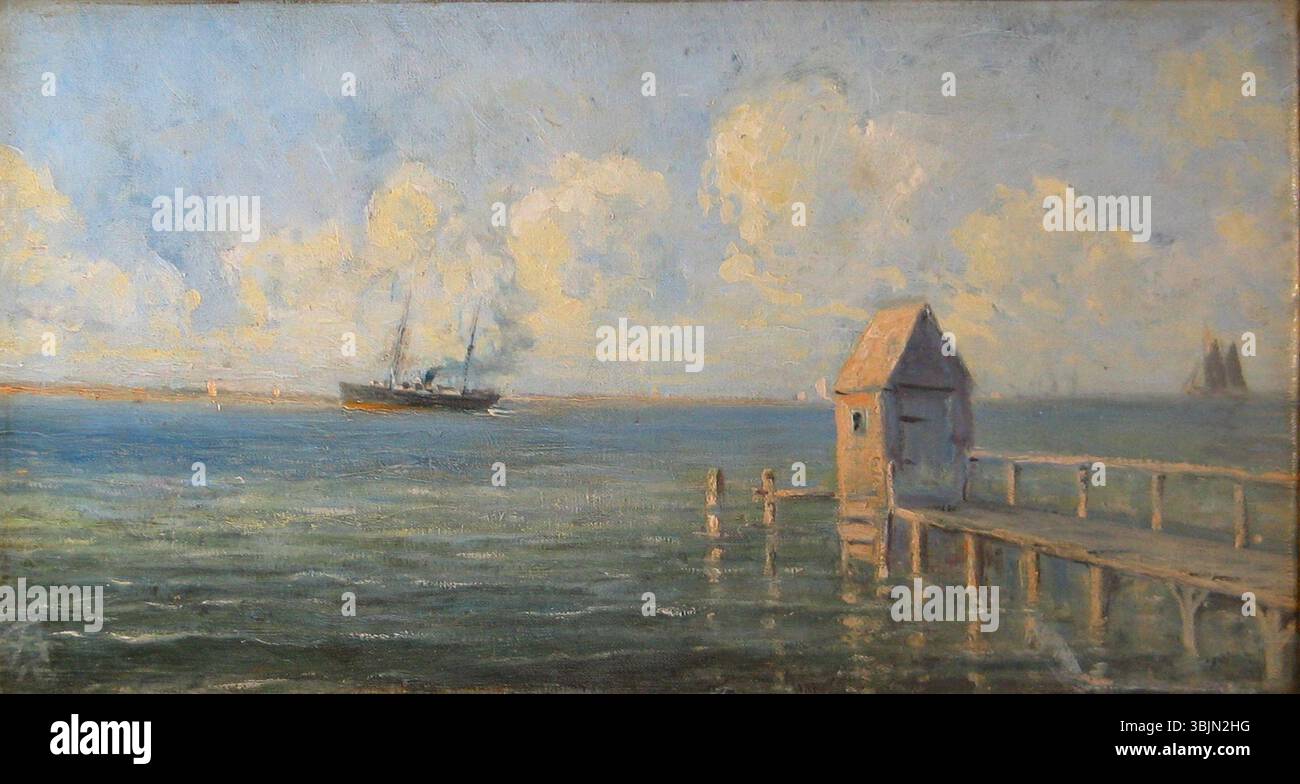 'Coastal view with a bathing jetty and some ships' by Fridolin Johansen ...