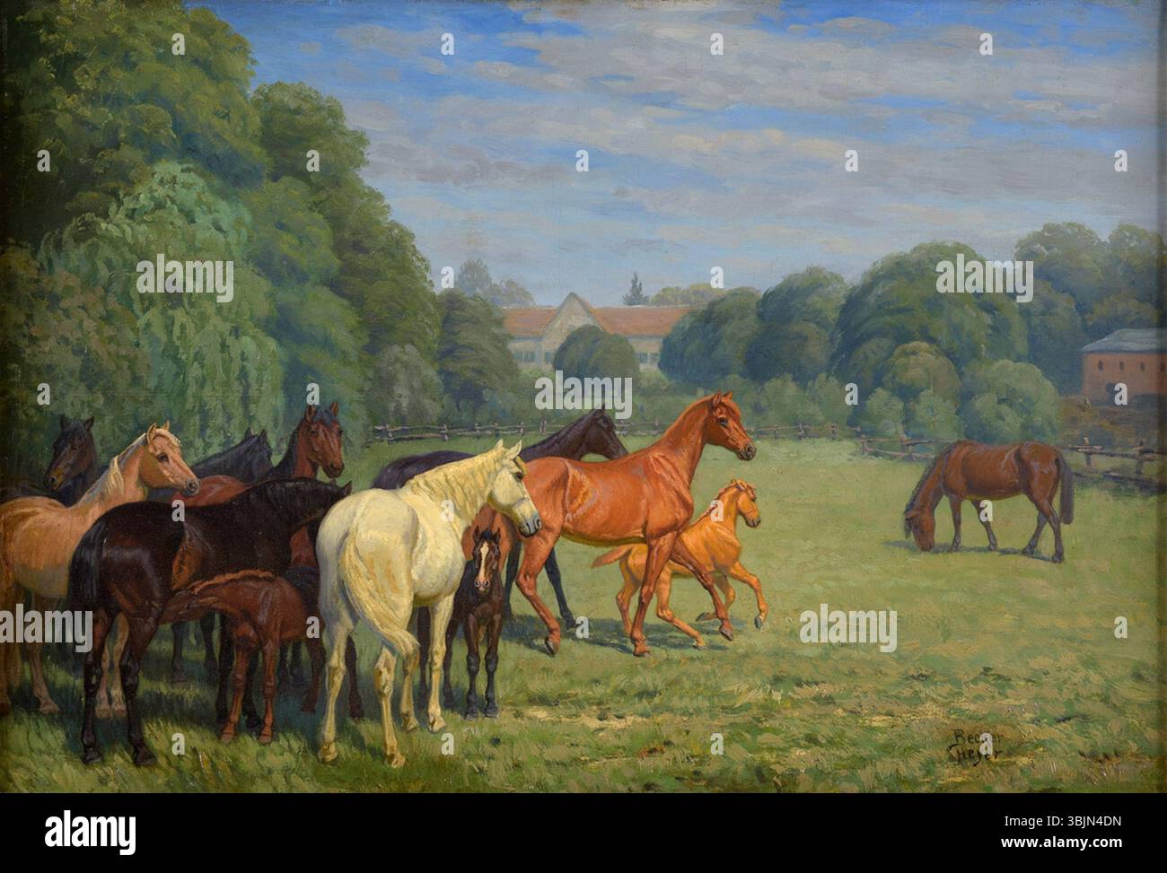 Rudolf Albert Becker-Heyer (1862–1928) painted 'Pferde auf der Koppel ...