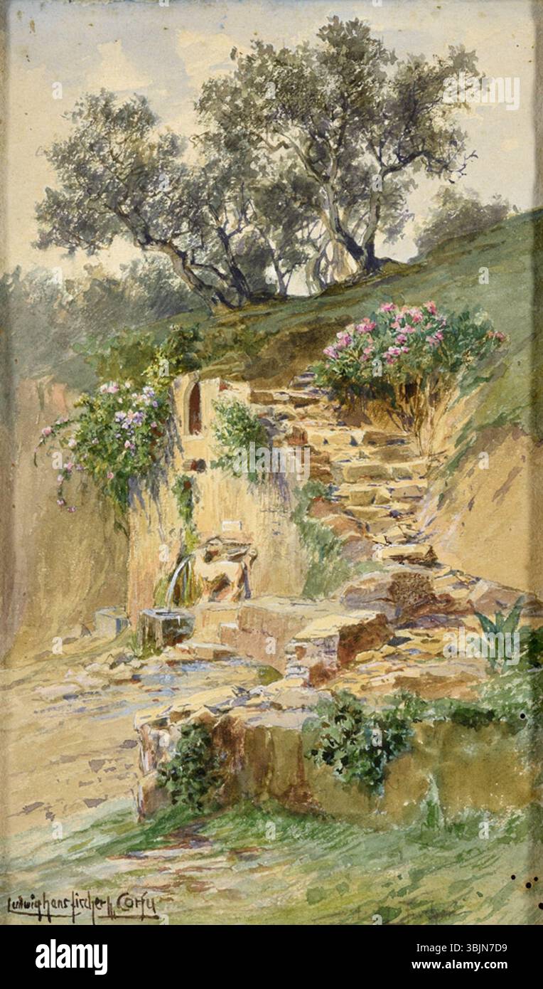 Ludwig Hans Fischer (1848–1915) painted 'Treppe auf Corfu,' a gouache ...