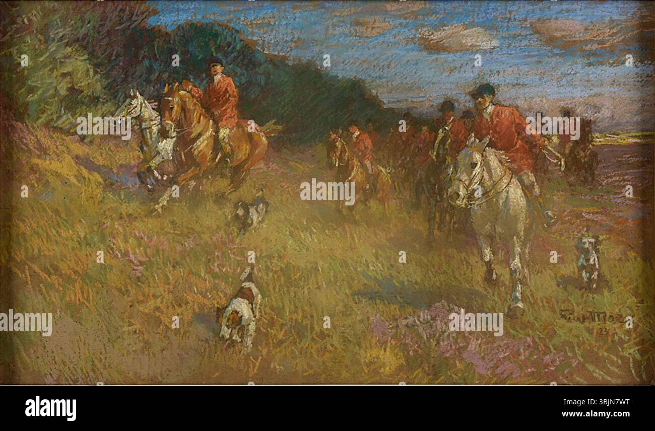 ‘Parforcereiter mit Meute’ by Gustav Marx (1855–1928) is a 1923 pastel ...