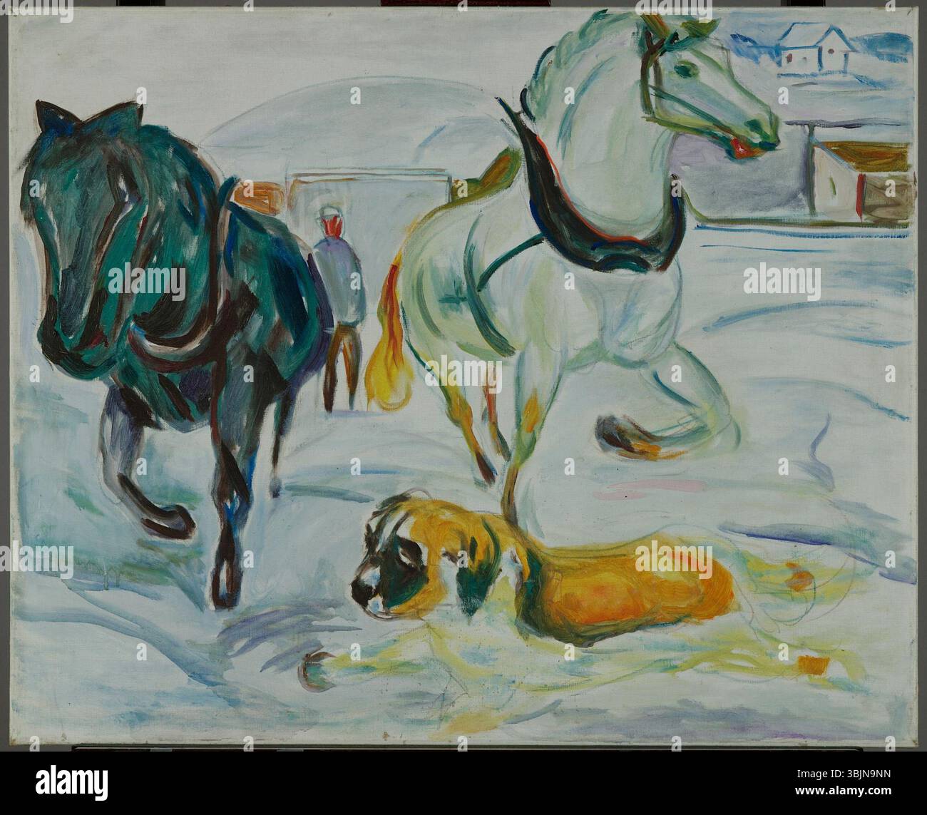 This 1923 oil on canvas by Edvard Munch shows a horse team pulling a ...