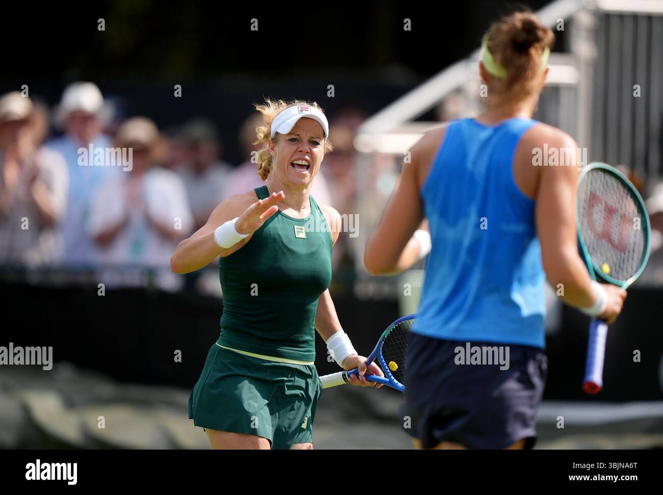 Laura Siegemund celebrates winning the second set with Beatriz Haddad ...