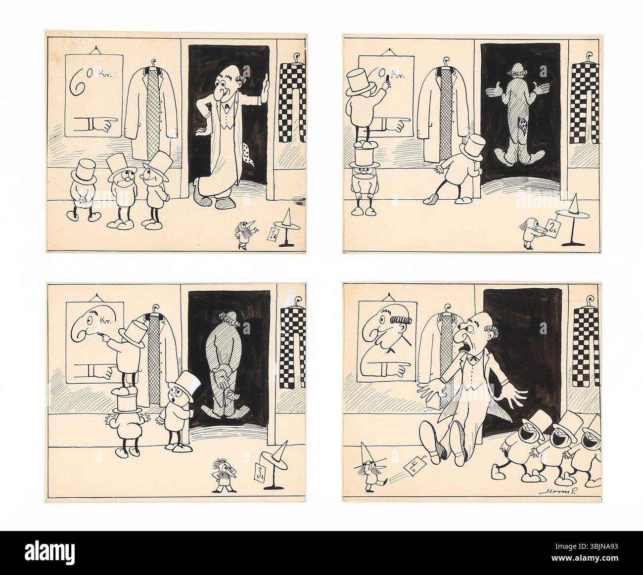 Cartoon by Robert Storm Petersen titled 'De tre små mænd og ...