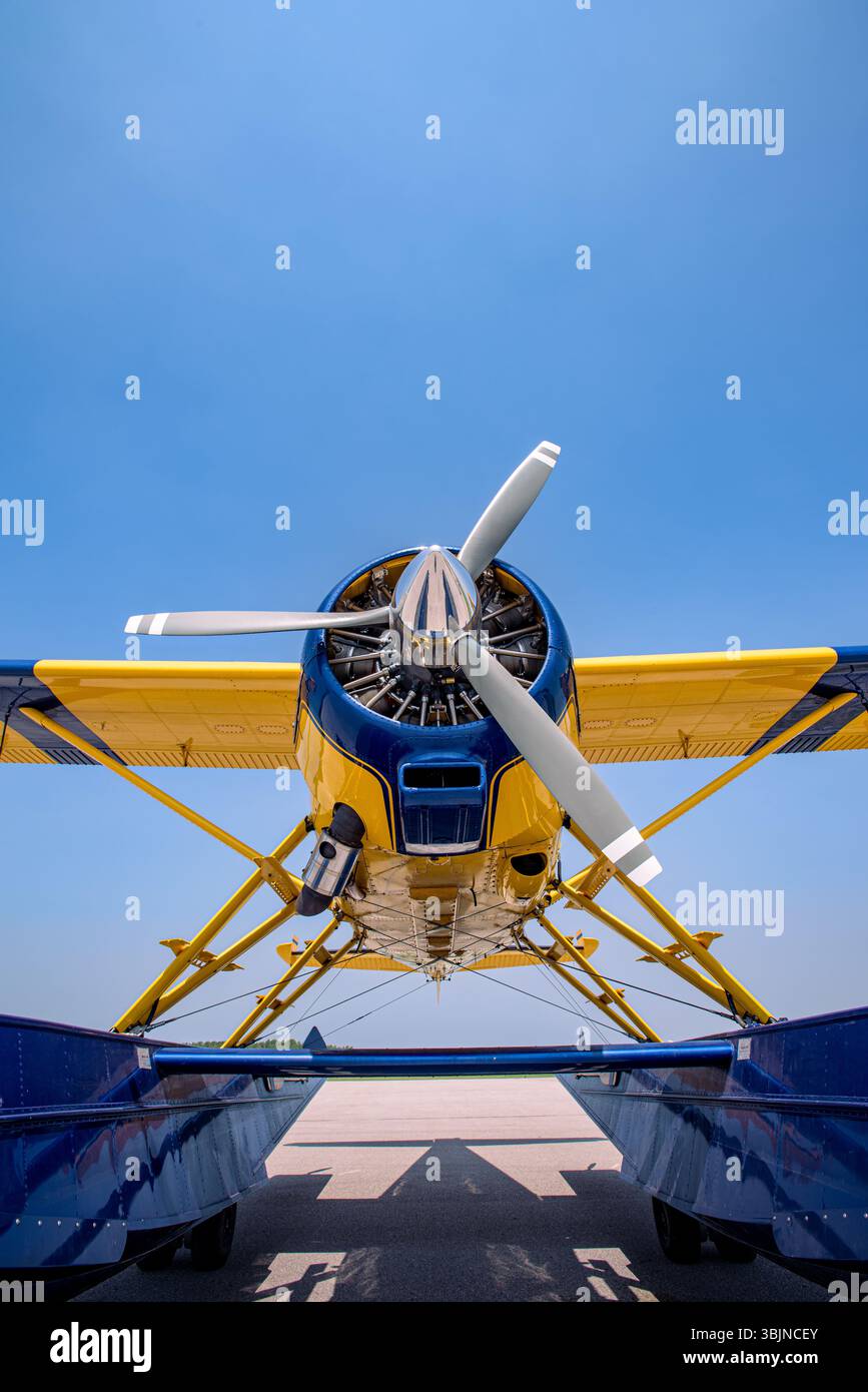 Front view of a vibrant yellow and blue floatplane with a large ...