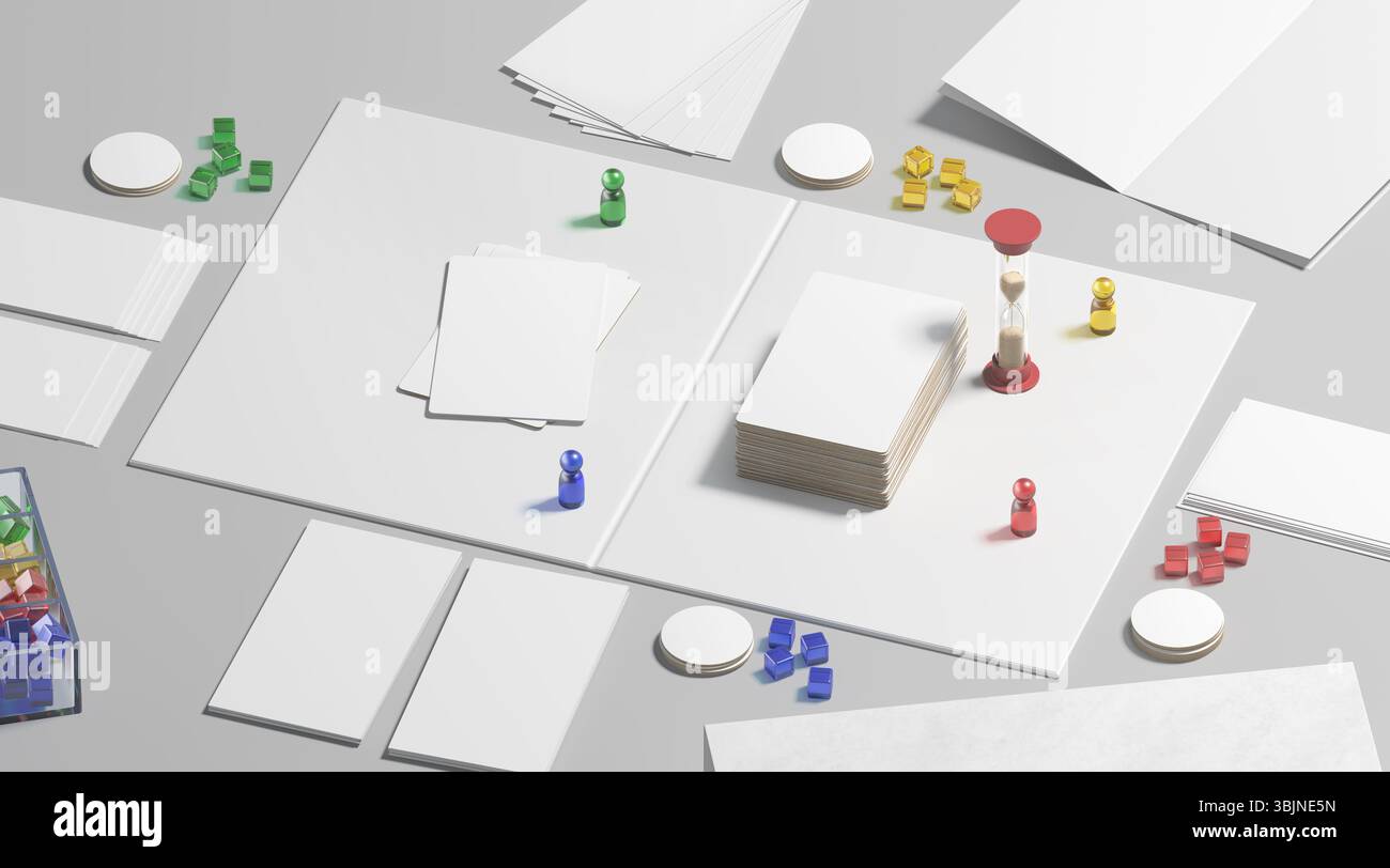 White board game field with chips, dice and cards mockup Stock Photo ...