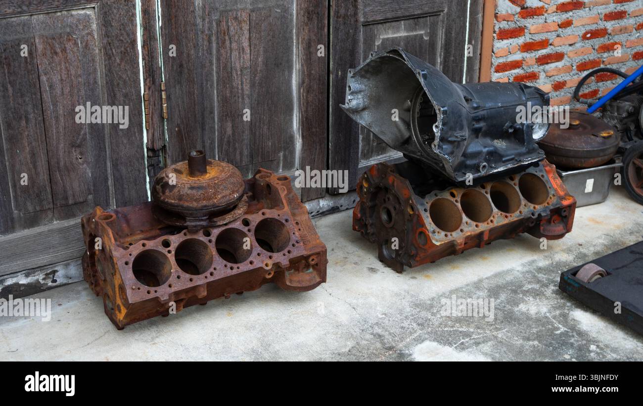 Two old engine blocks Stock Photo - Alamy