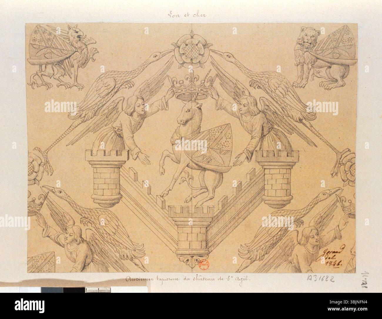A detailed drawing of an ancient tapestry from 1846, housed in the ...