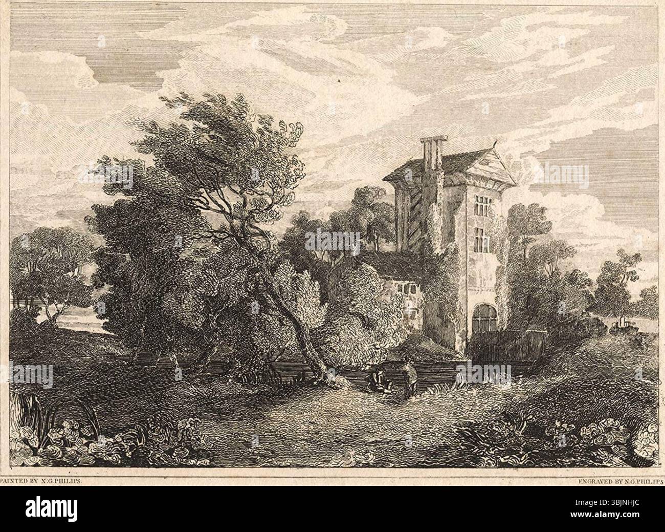 An antique print from 1820 by Nathaniel George Philips featuring a mansion, villa, and gatehouse ...