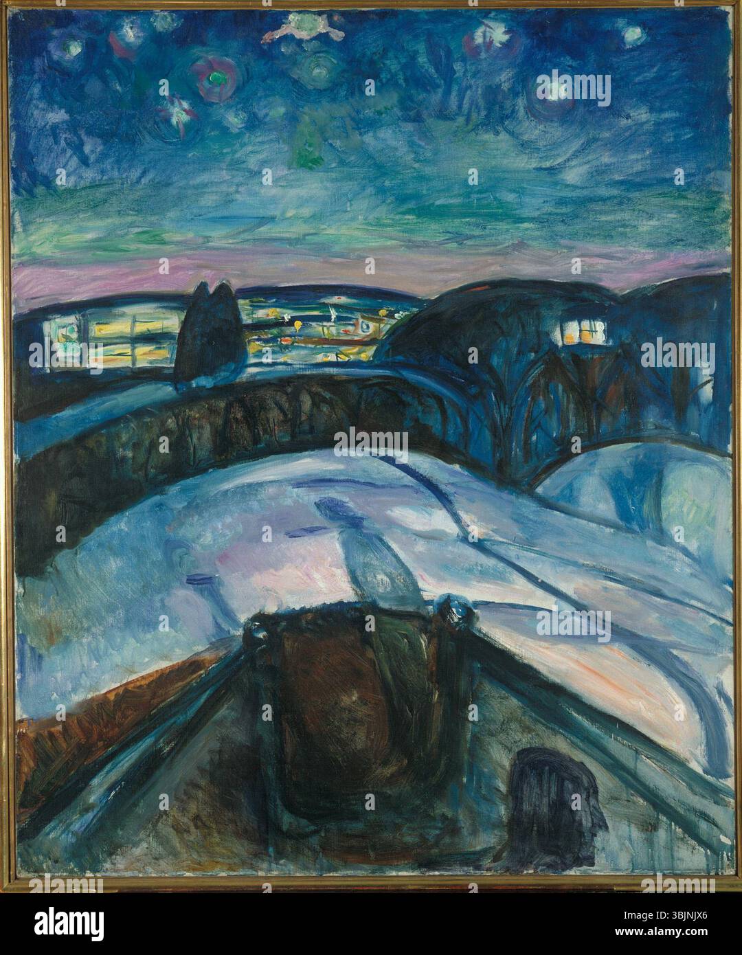 'Starry Night' by Edvard Munch (1922-1924) depicts a night sky filled ...