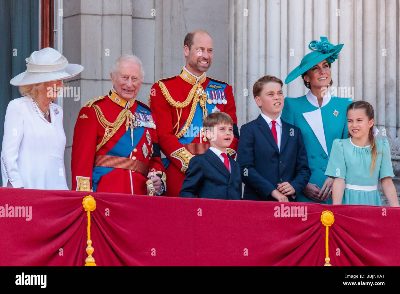 Members of the British Royal Family on the Buckingham Palace balcony, to watch the fly-past ...
