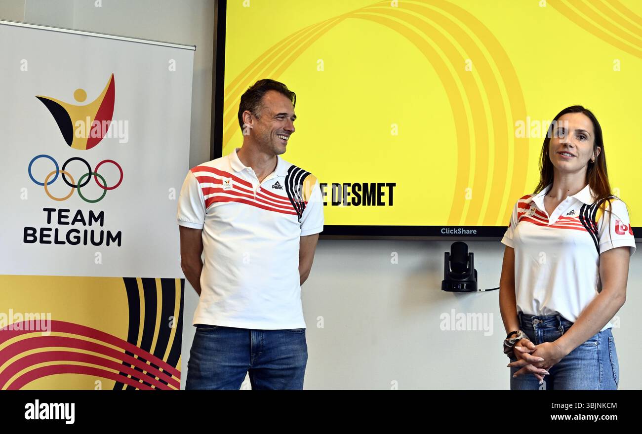 Brussels, Belgium. 16th June, 2025. BOIC-COIB's CEO Cedric Van Branteghem and shorttrack skater ...