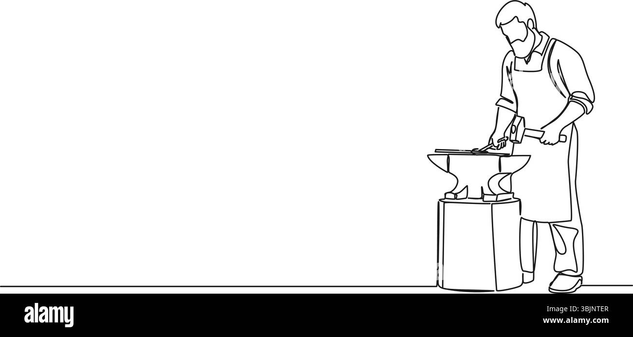 continuous single line drawing of blacksmith with hammer at anvil, line art vector illustration ...