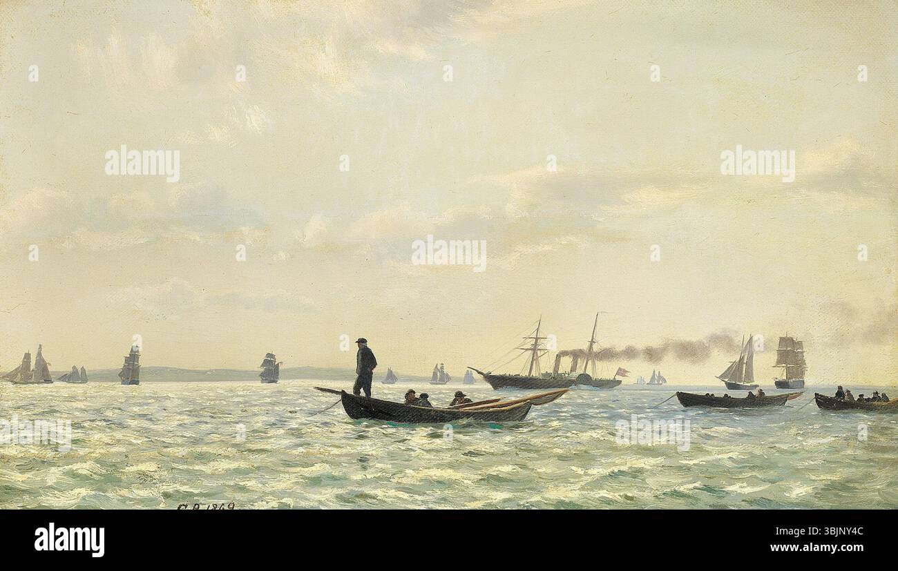 'Sailing Ships and a Steamship in the Sound, with Fishermen in Rowboats ...