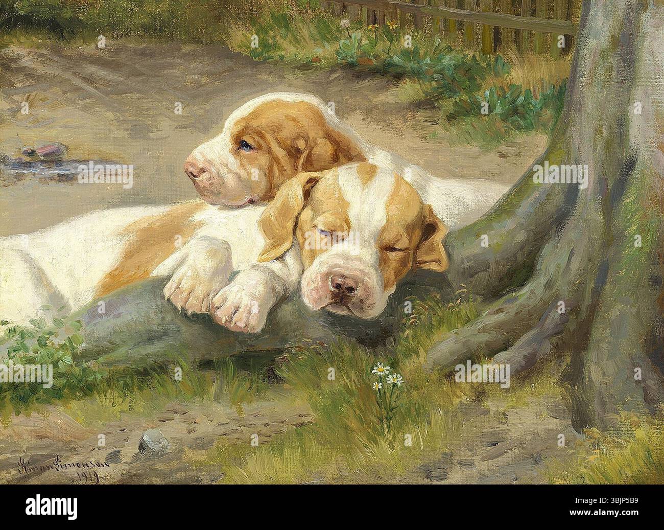 ‘To pointerhvalpe hviler sig’ by Simon Simonsen (1841–1928) shows two ...
