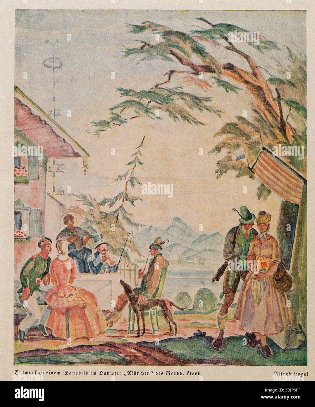 Alfred Hagel’s design for a mural aboard the *München* ship of ...