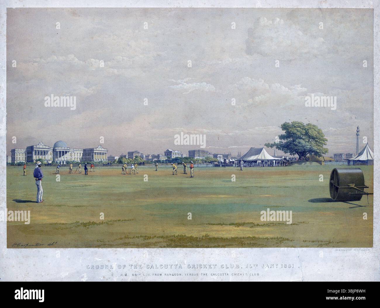 This chromolithograph by Percy Carpenter depicts a cricket match held ...