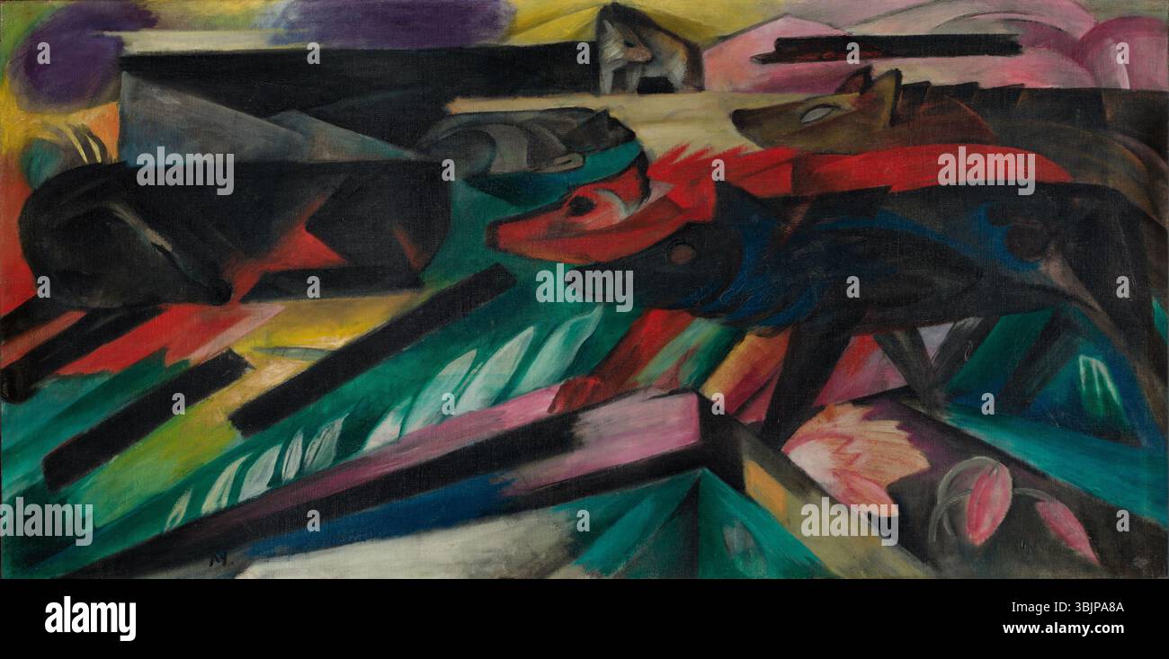 Franz Marc's 1913 painting 'The Wolves (Balkan War)' depicts a symbolic ...