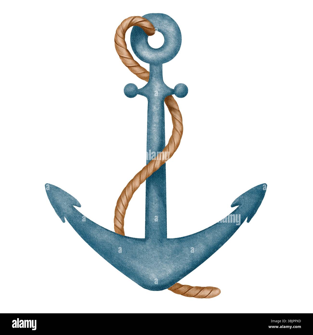 Watercolor illustration of a blue metal anchor wrapped with a brown ...