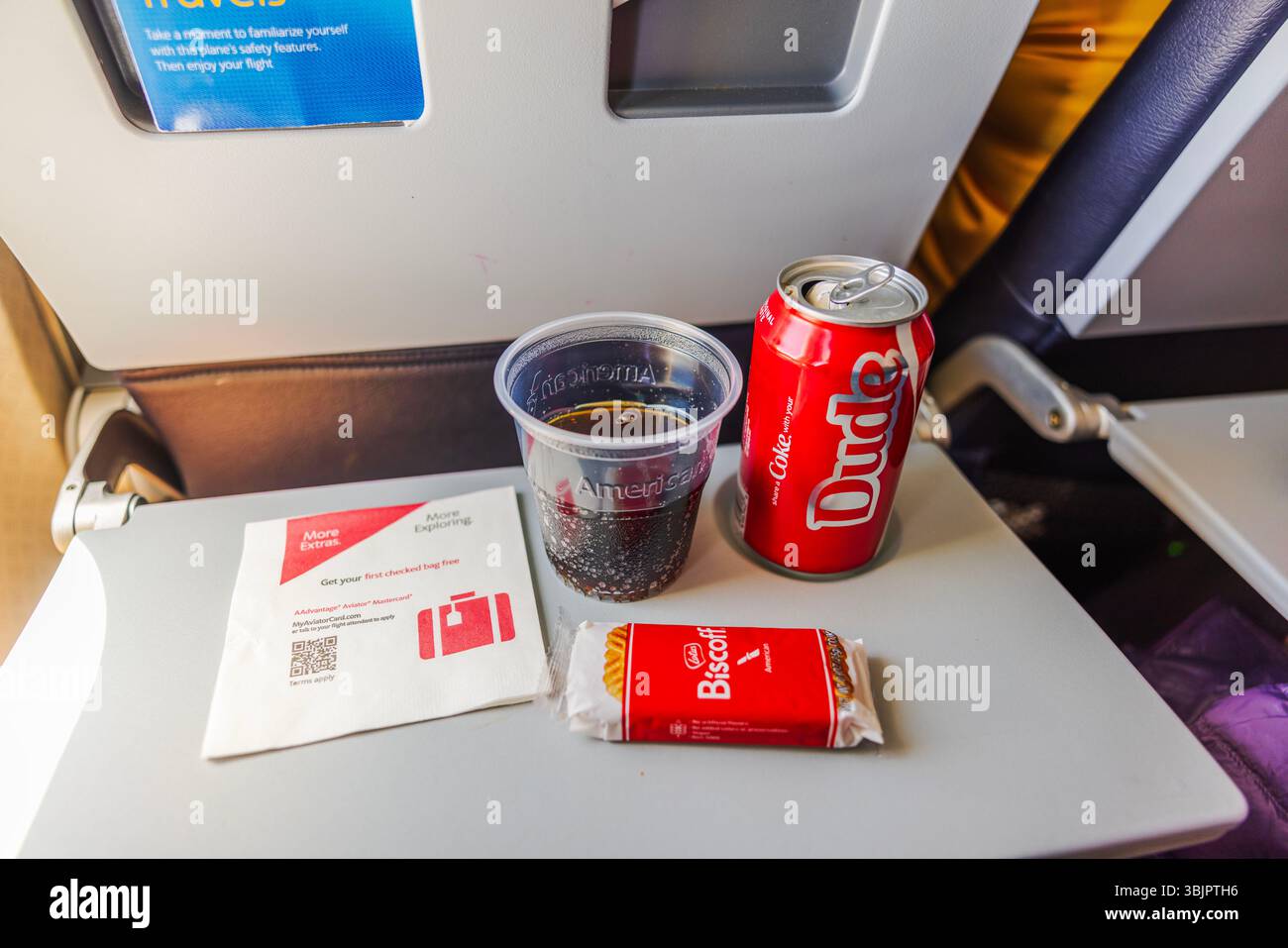 American Airlines in-flight meal with Coca Cola can, plastic cup ...