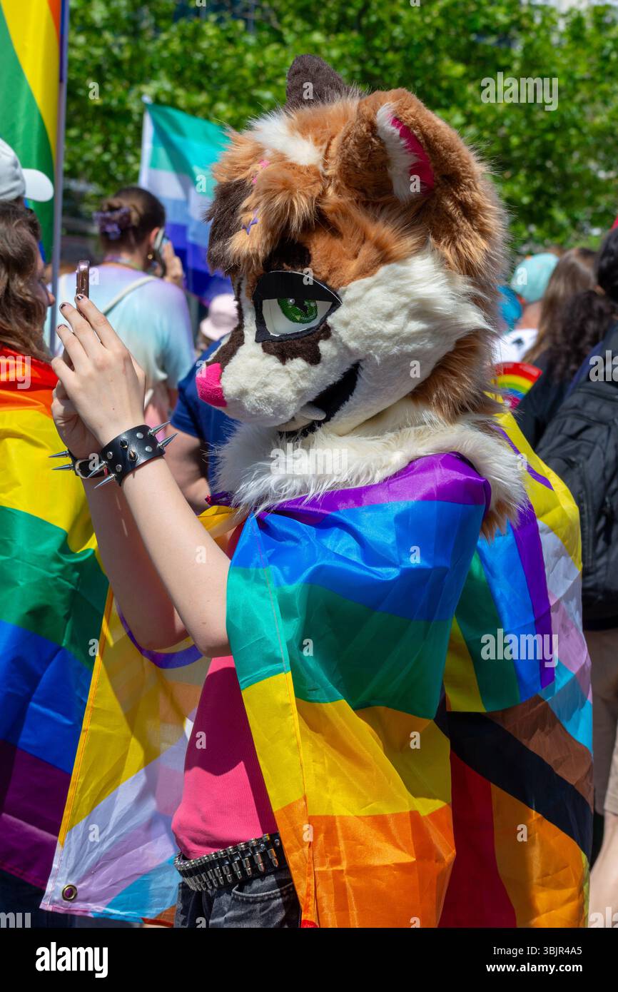 A marcher wearing a furry fox mask and draped in a rainbow flag at the ...