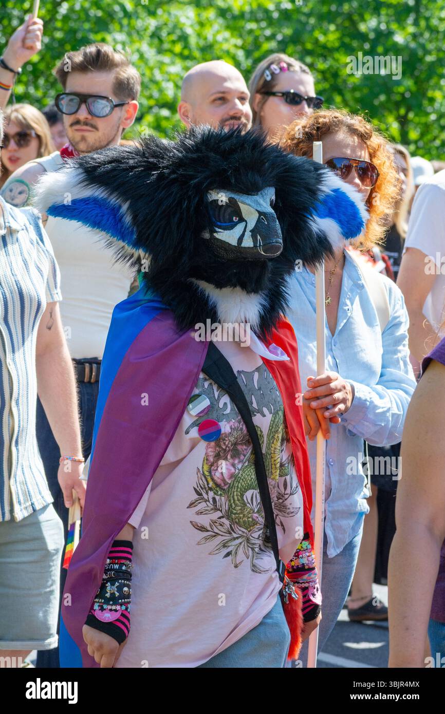 A participant wearing a furry animal mask draped in LGBTQ pride flags ...