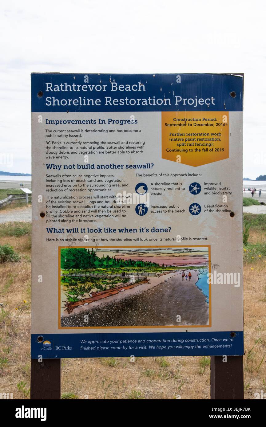 Shoreline restoration project sign at Rathtrevor Beach Provincial Park ...