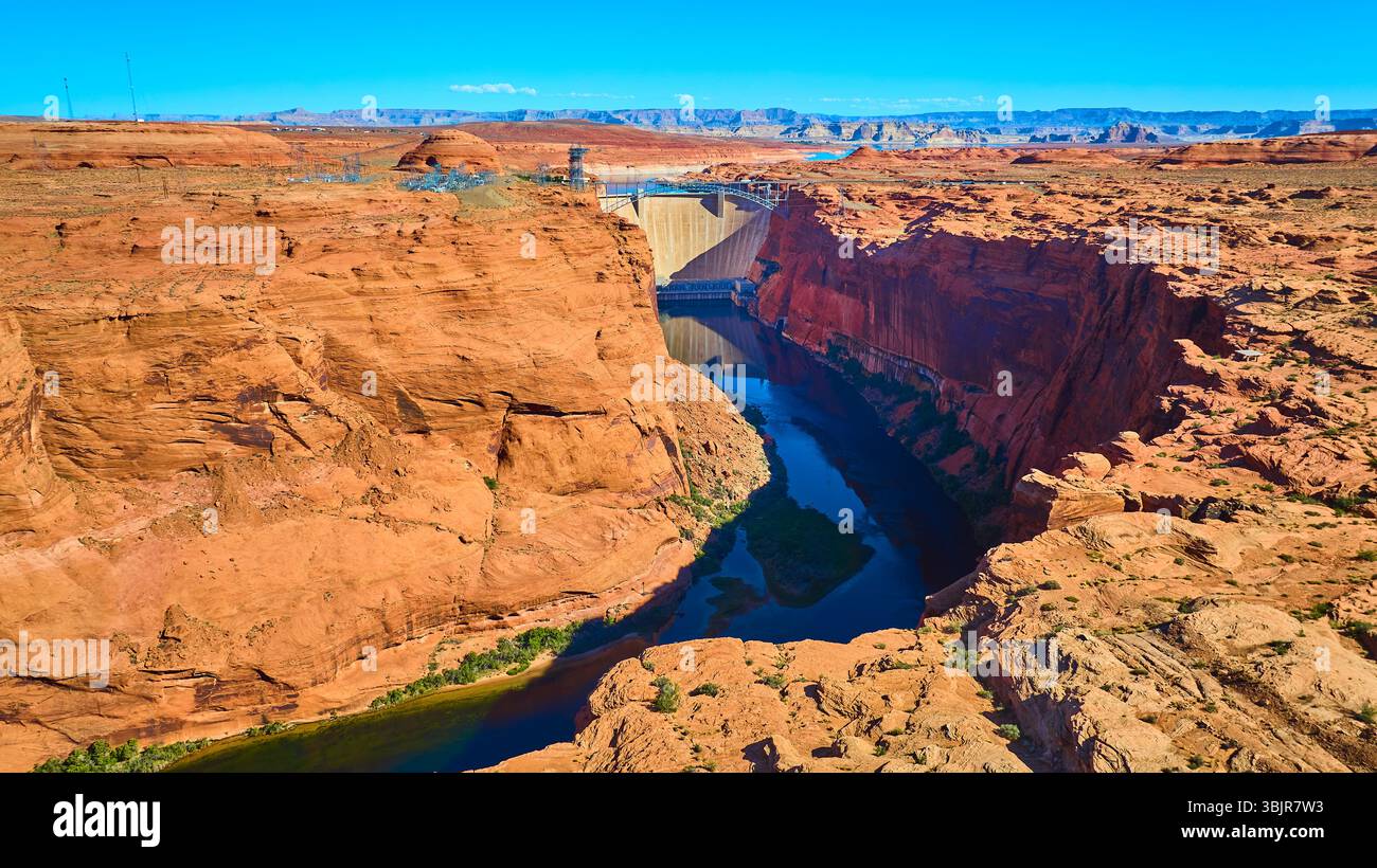 Aerial Glen Canyon Dam Colorado River and Red Sandstone Cliffs Fly Over ...