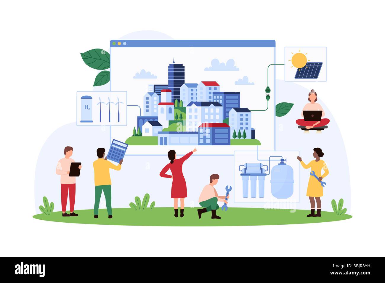 Vector illustration of tiny people designing and implementing green ...