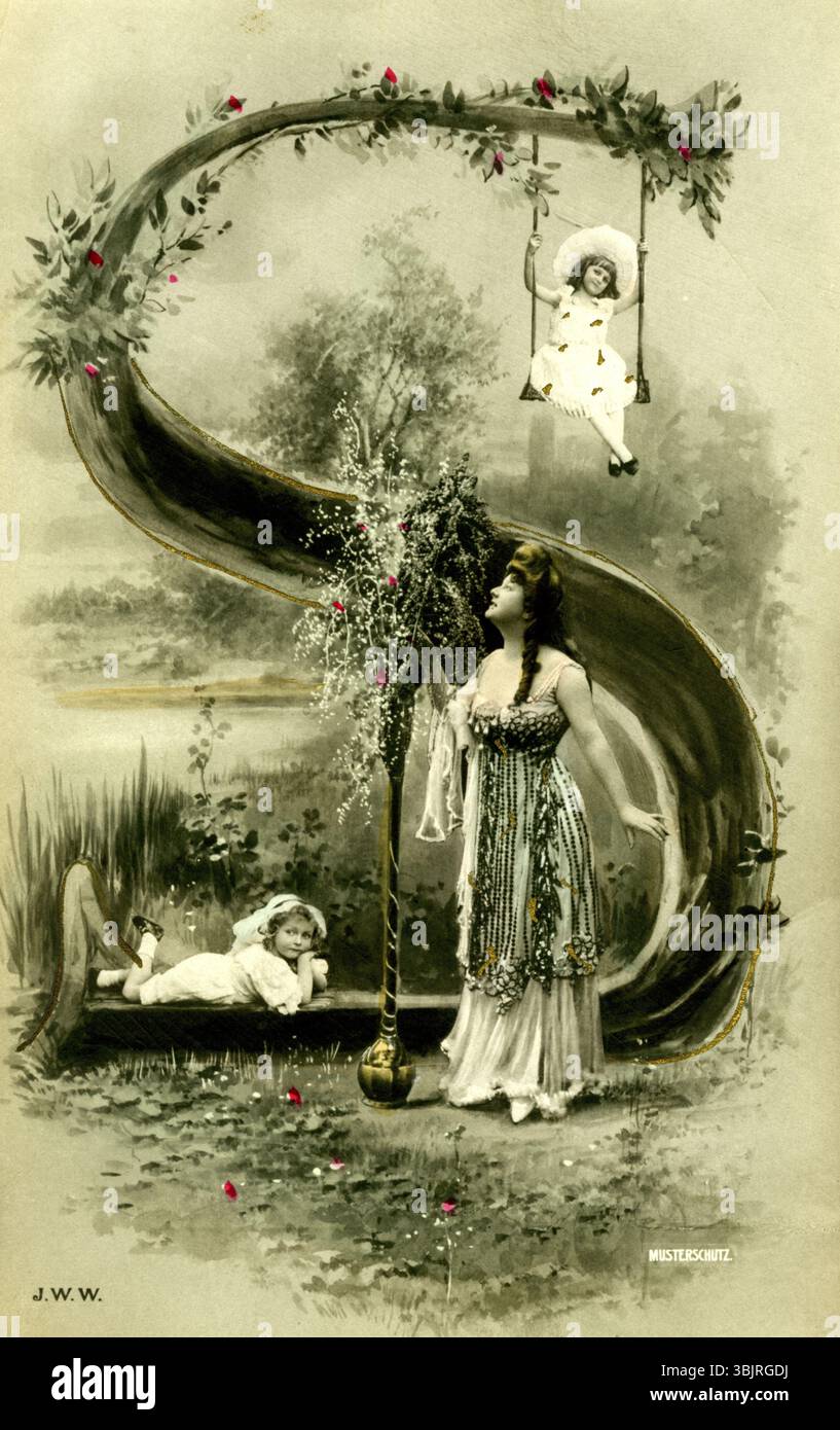 Woman with 2 children 1910, Two girls, one swinging high, surrounded by ...