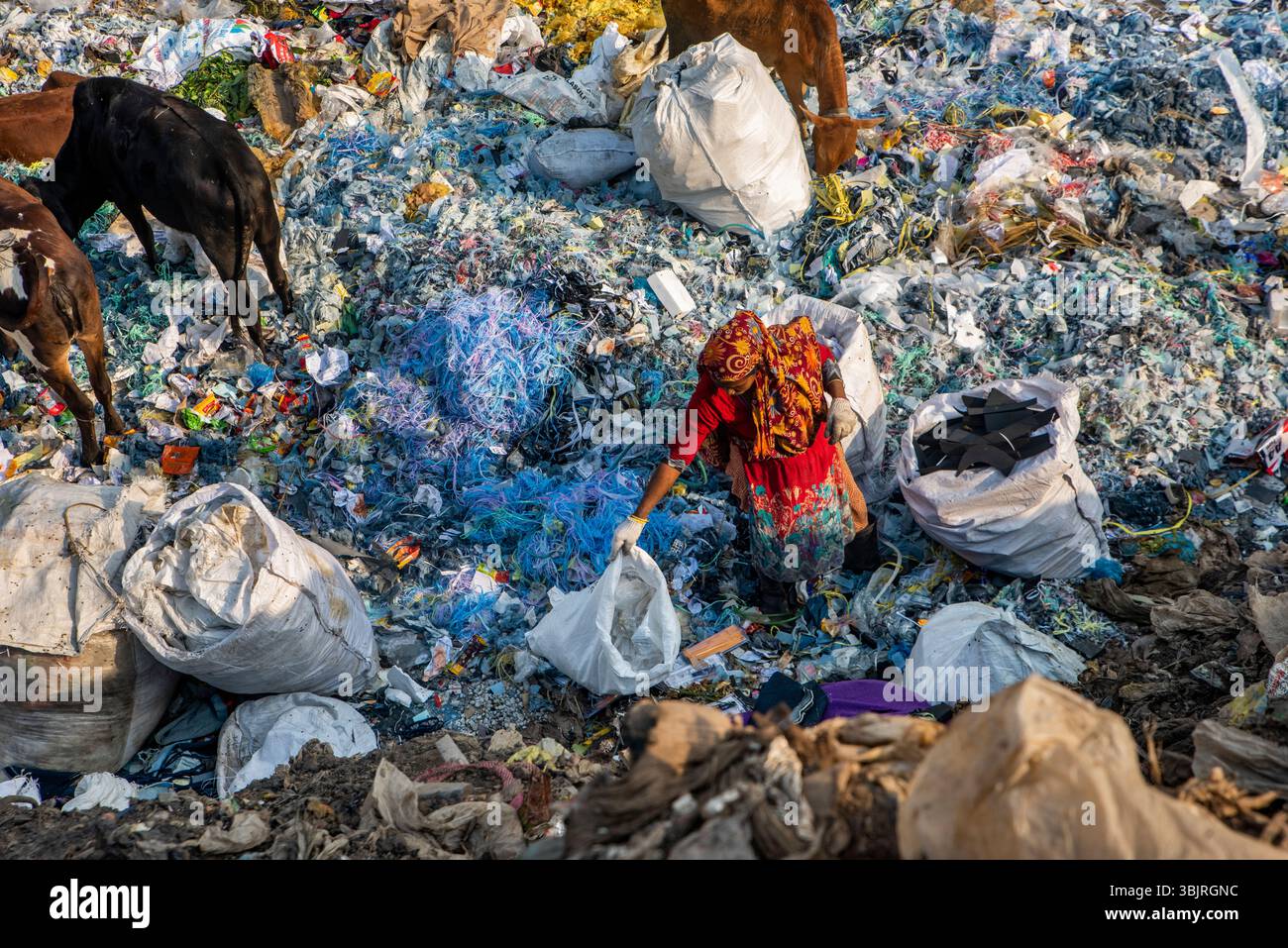 Big mixed rubbish dump and blue sky. Garbage Mountain. Garbage pile in ...