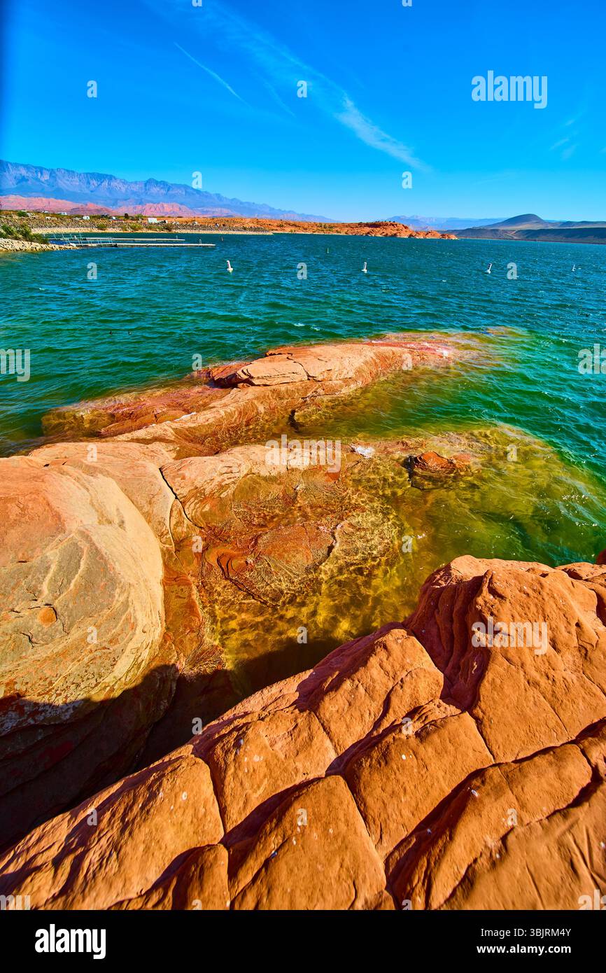 Red Sandstone Shoreline and Clear Lake Water at Sand Hollow State Park ...