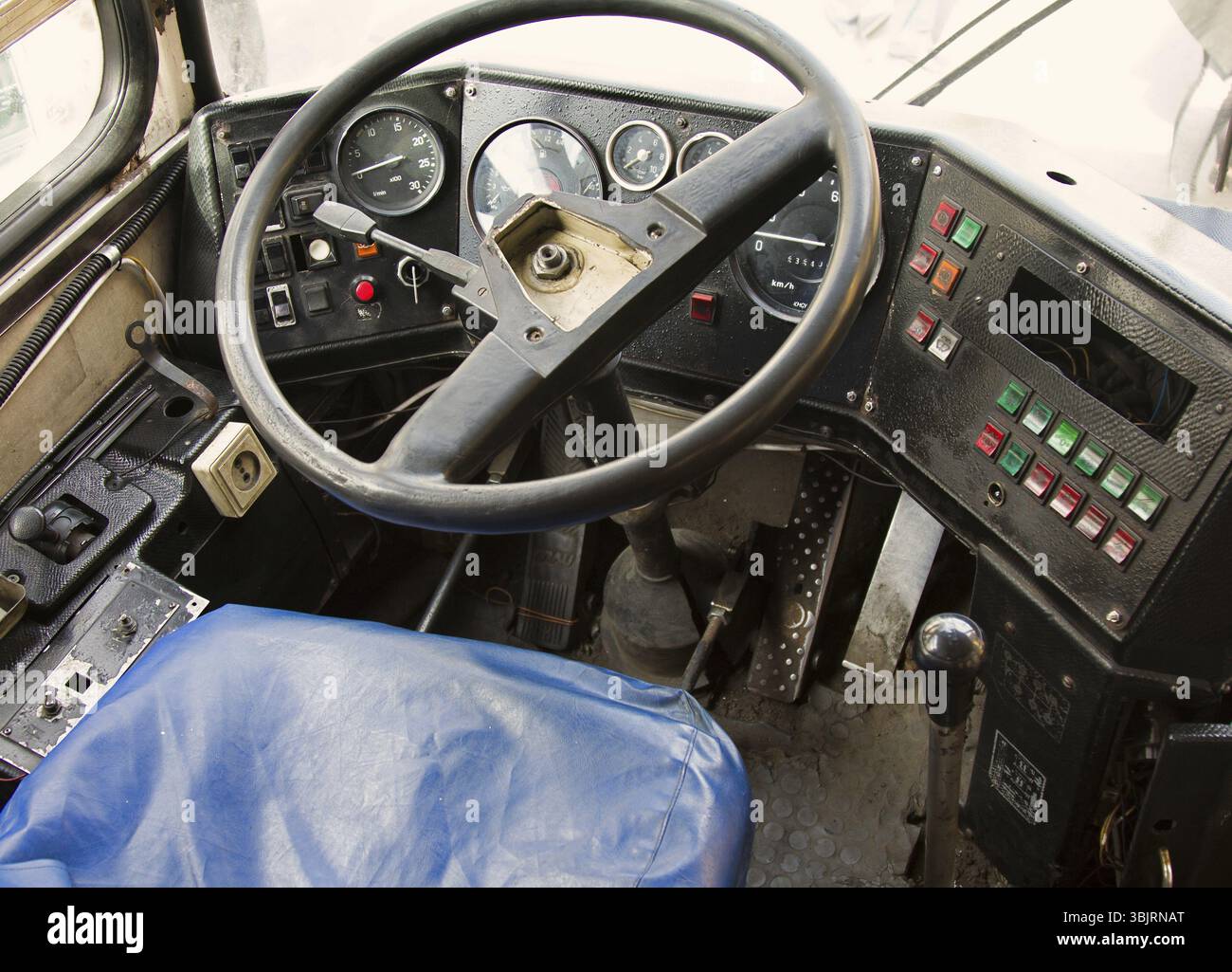 Cabin control old vintage bus close up. vehicles of last century Stock ...