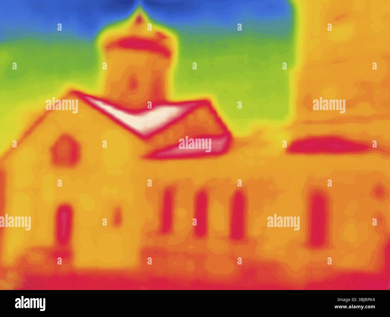 An ancient low but massive temple, old church. Image thermal imager ...