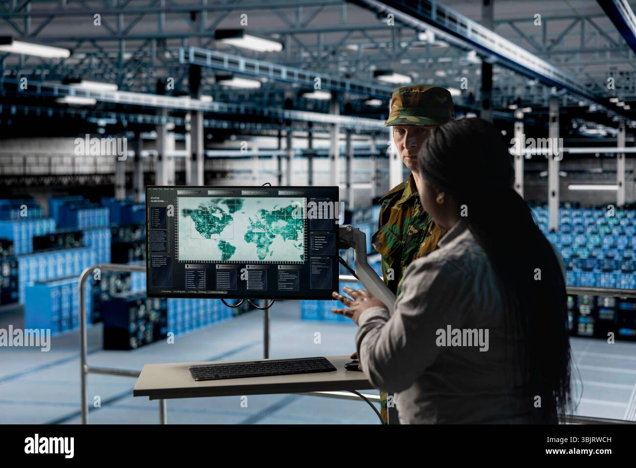 Team of military experts in data center examining mission coverage ...