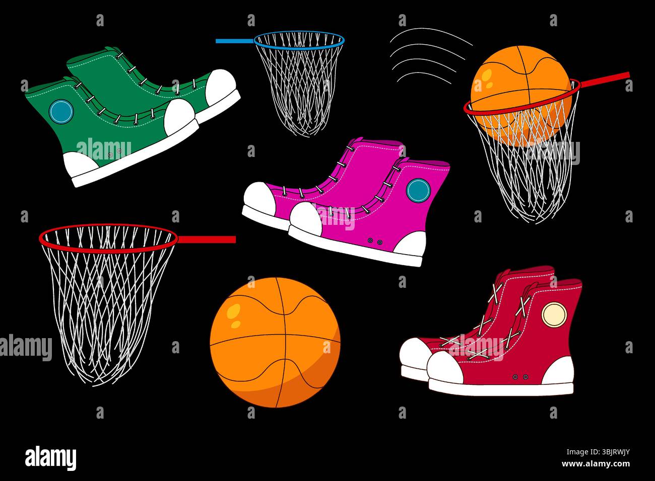 Cartoon illustration of an basketball set of balls, hoops, and sneakers ...