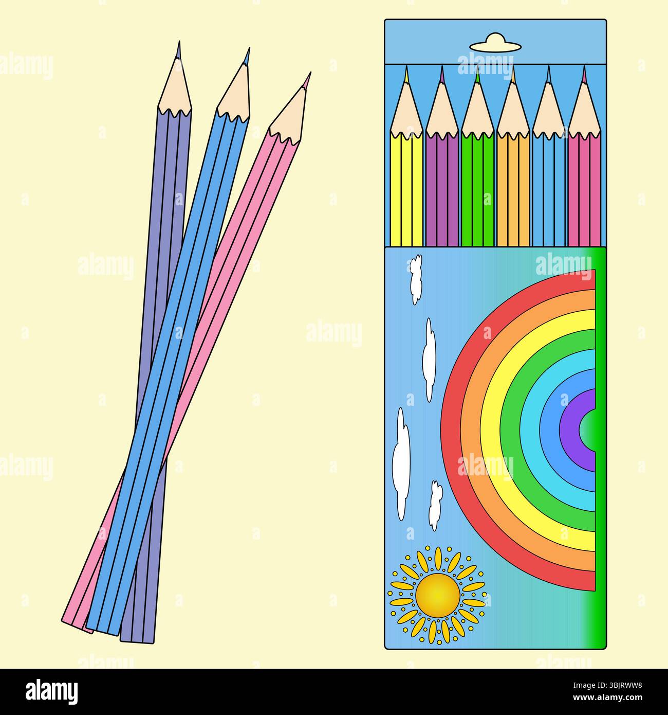 Set of colorful supplies of pencils with packaging of rainbow drawing ...