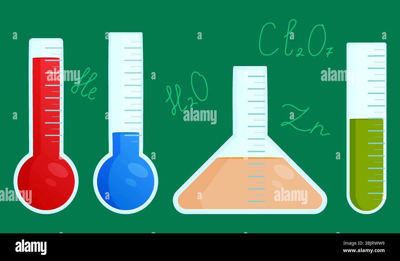 Illustration of an colorful set chemistry flasks with liquids and ...