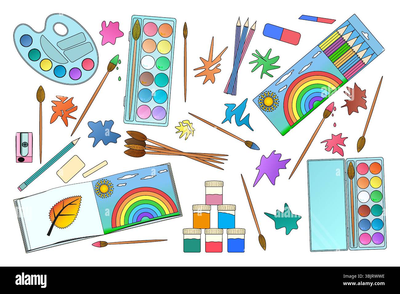 Art supplies collection with watercolor paints, palette, brushes ...