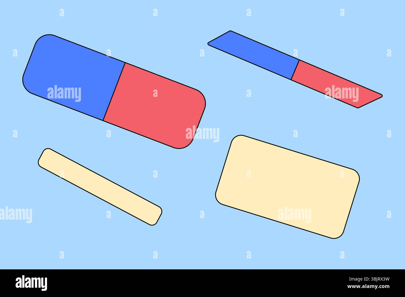 Flat cartoon vector illustration of an colorful erasers set on blue ...