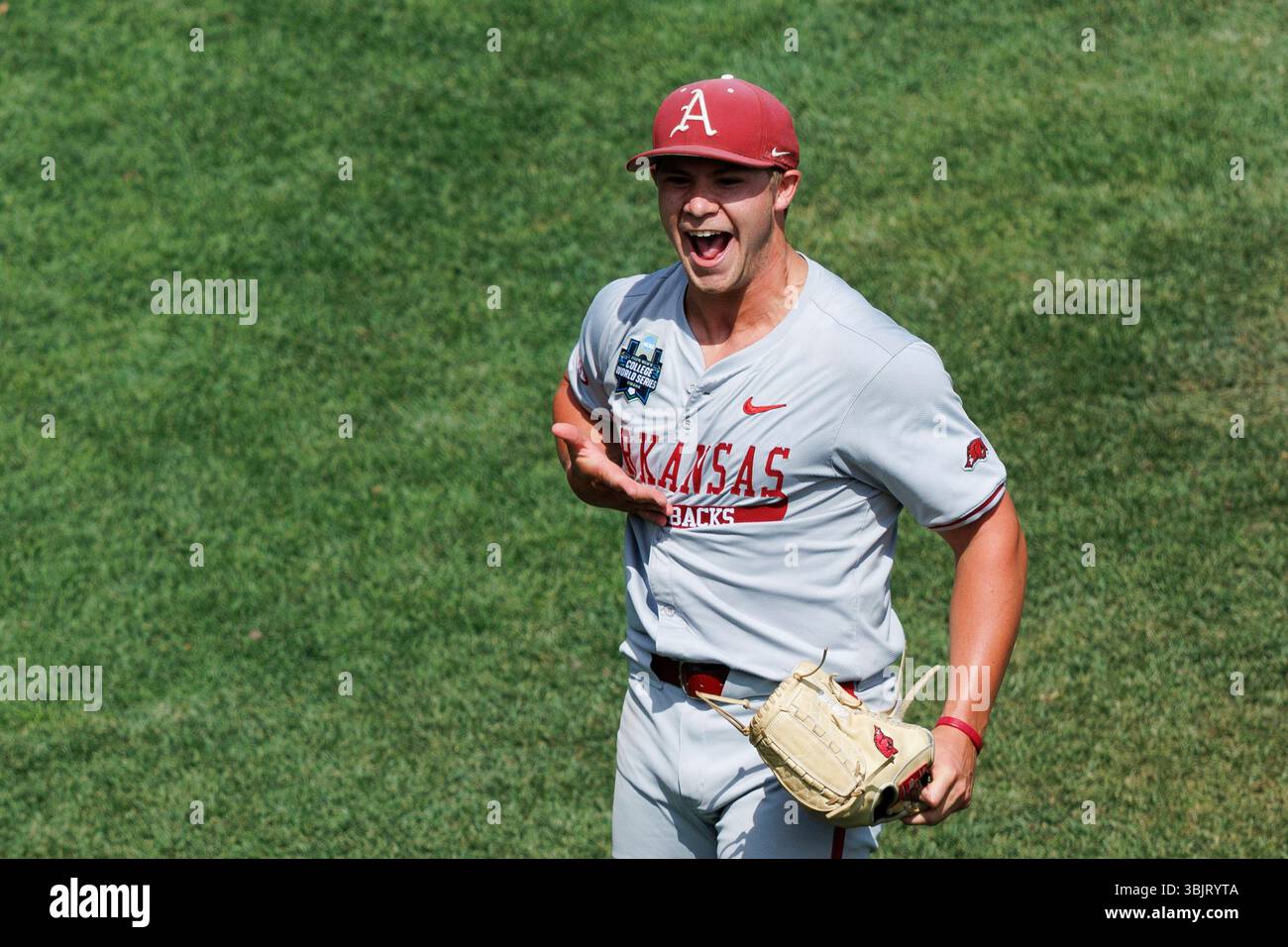 Arkansas's Gage Wood celebrates after throwing a 19-strikeout no-hitter ...