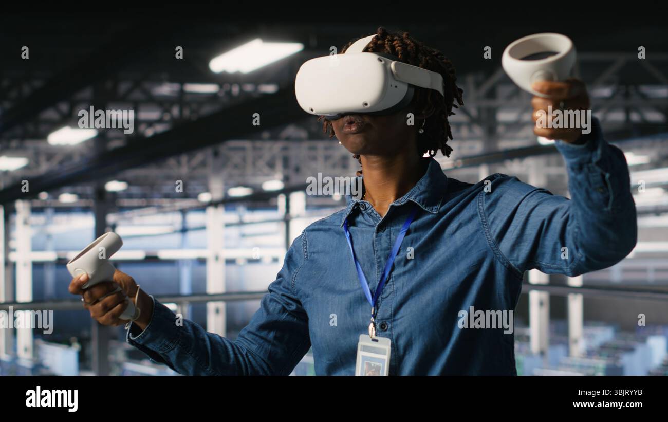 Data center admin wearing VR headset using artificial intelligence neural networks technology ...