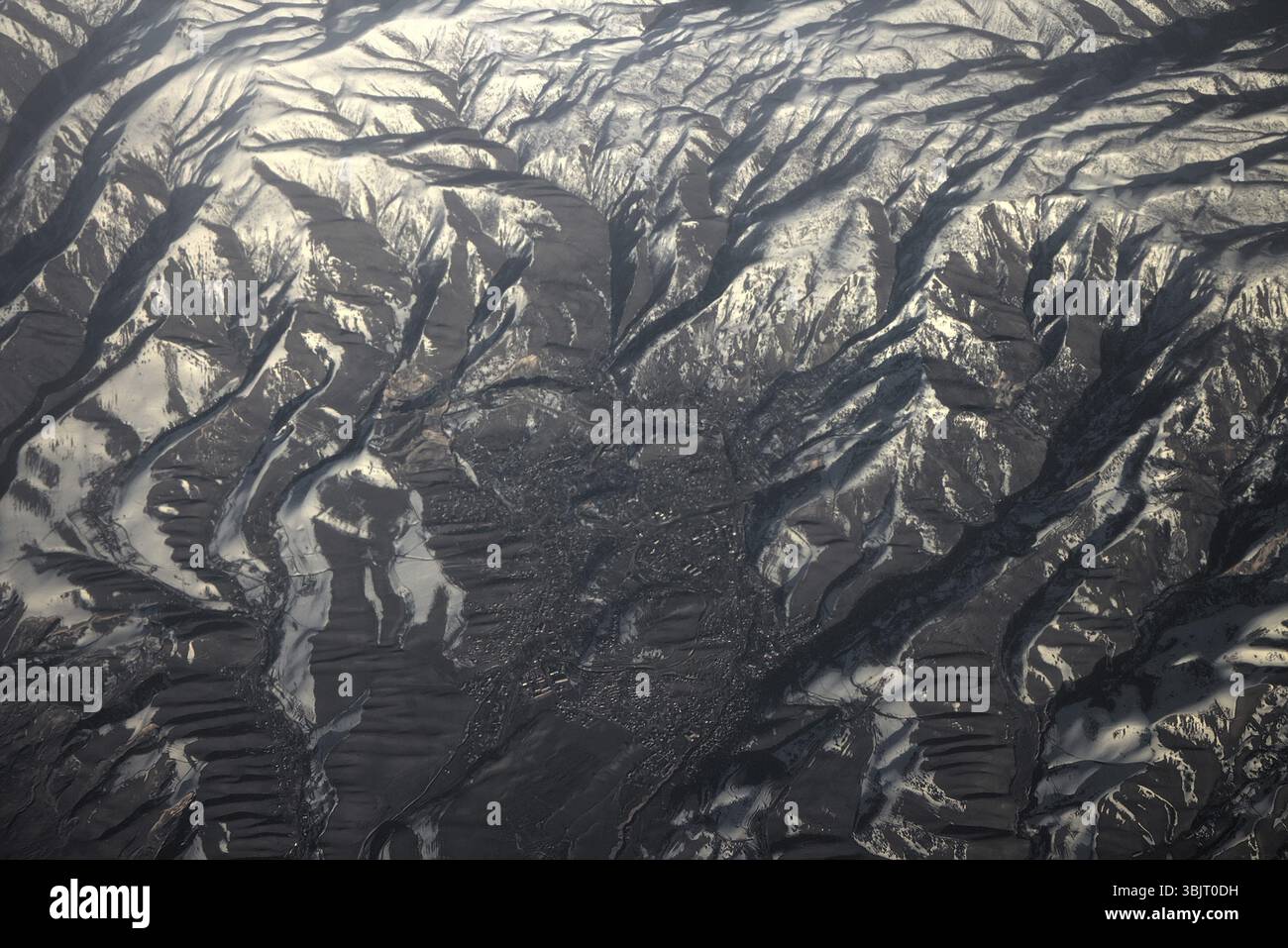 Flight over Pamir and Tien Shan 1. Air travel. Visible deep mountain ...